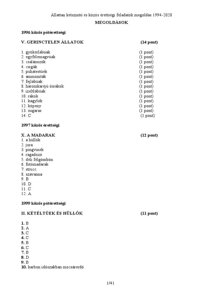 Allattan Ketszintu Es Kozos Erettsegi Feladatok 1994 2020 Megoldasok | PDF