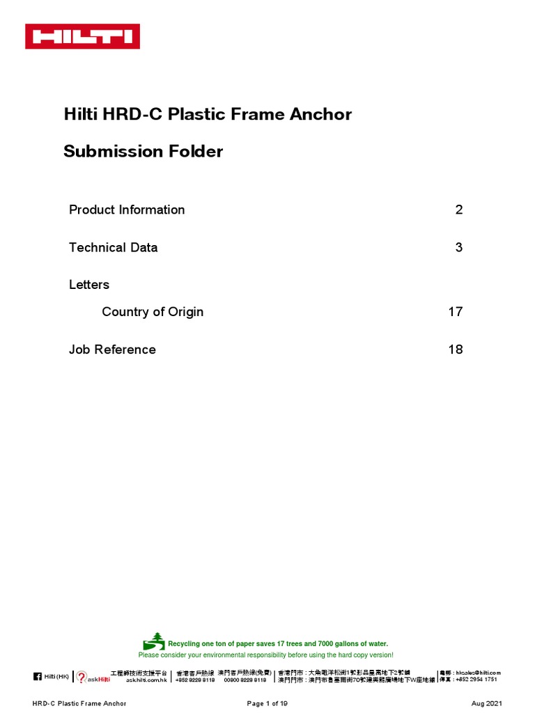Hilti HRD-C Plastic Frame Anchor Submission Folder | PDF