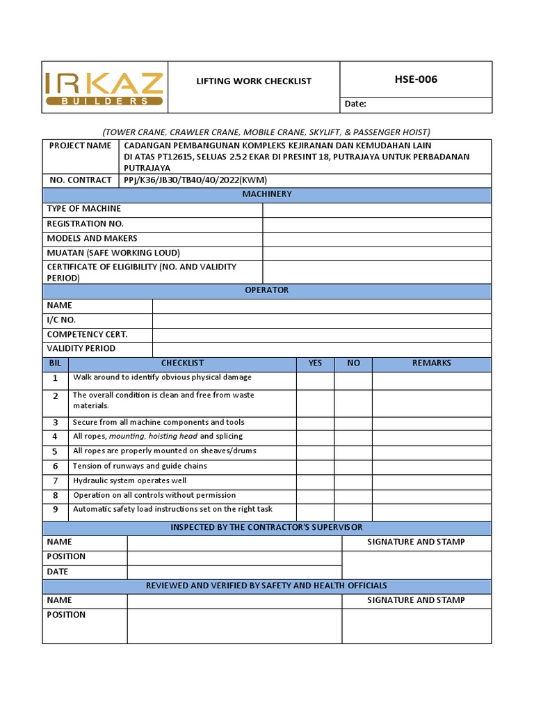 HSE-006 Lifting Work Checklist | PDF