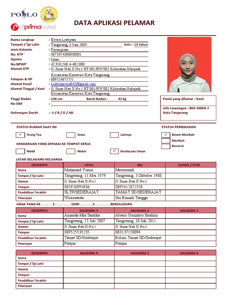 Data Aplikasi Pelamar - Elvira Listiyani - Kasir | PDF