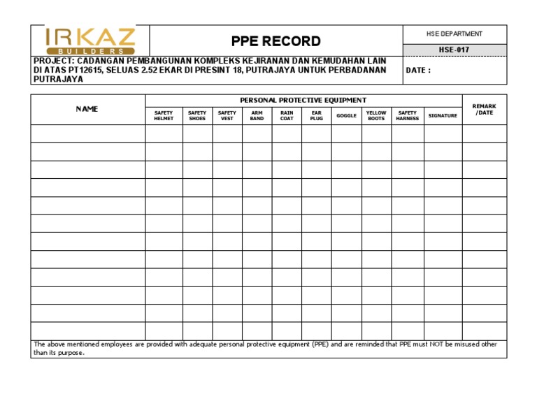 HSE-017 - PPE Record | PDF