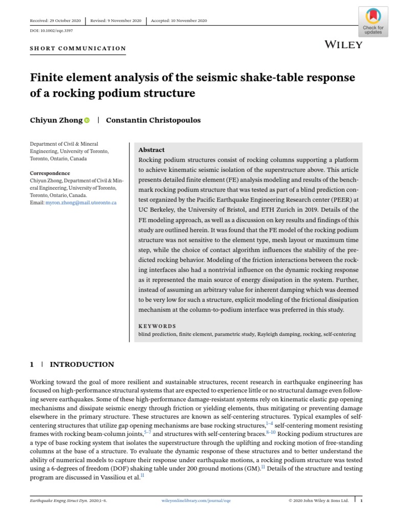 J3. (EESD) Eqe.3397 - Finite Element Analysis of The Seismic Shake-Table Response of A Rocking ...
