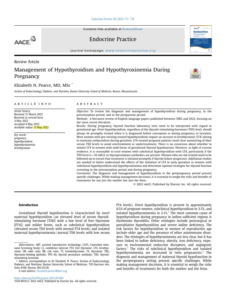 Management of Hypothyroidism and Hypothyroxinemia During Pregnancy-Aace ...