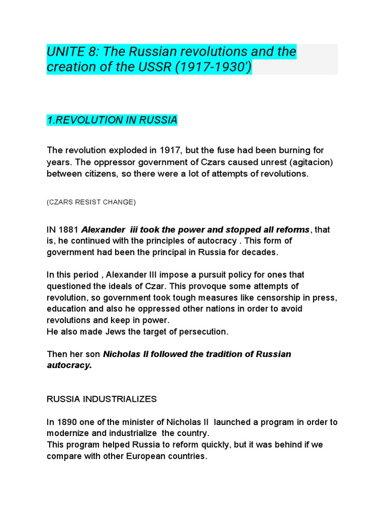 TEMA 8 - The Russian Revolutions and The Creation of The USSR (1917 ...