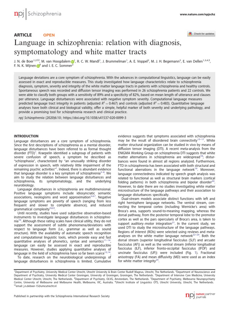 Language in Schizophrenia - Relation With Diagnosis, Symptomatology and White Matter Tracts ...