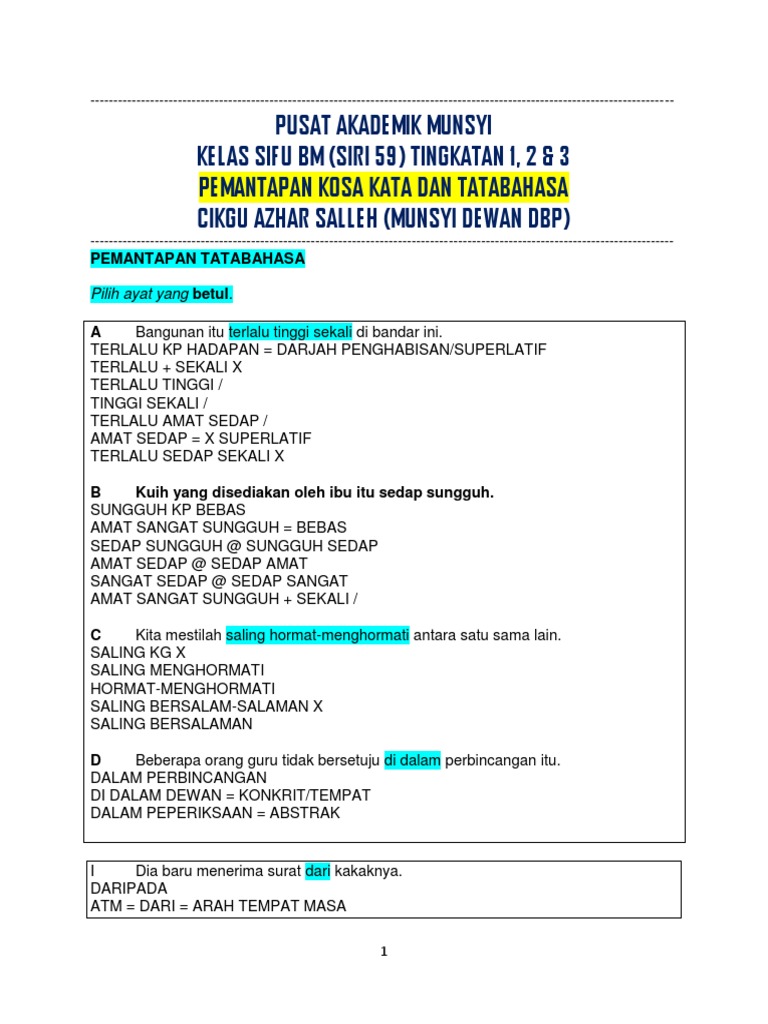 Pusat Akademik Munsyi Kelas Sifu BM (Siri 59) Tingkatan 1, 2 & 3 Pemantapan Kosa Kata Dan ...