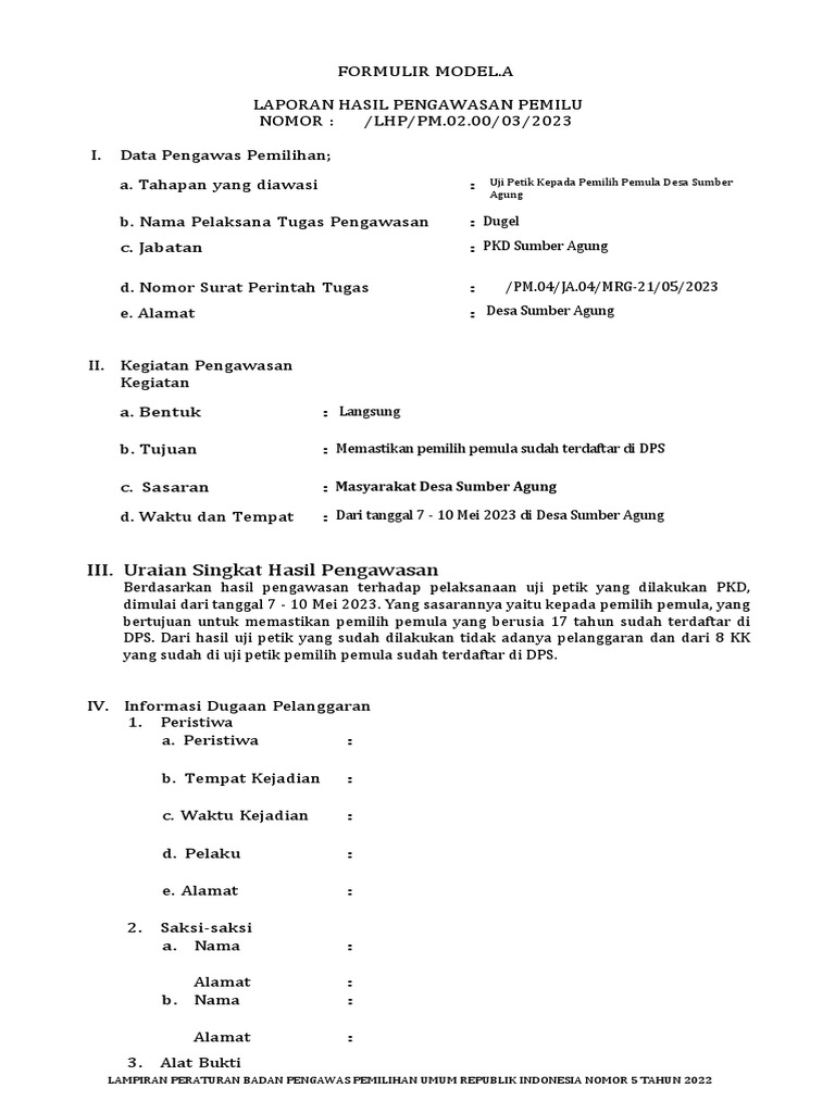 FORM MODEL A UJI PETIK SUMBER AGUNG | PDF