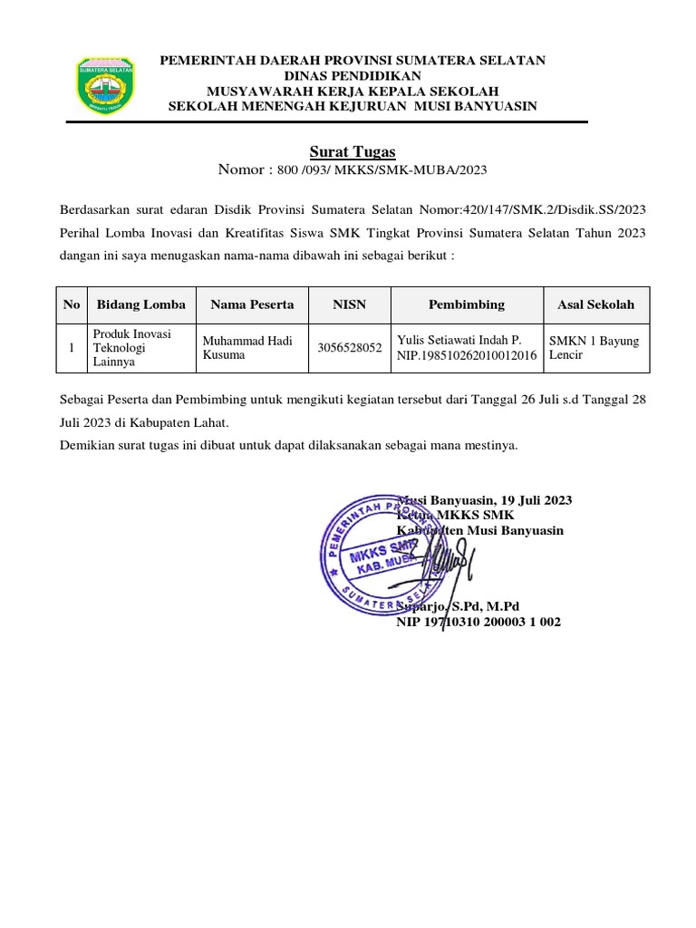 Surat Tugas Lomba Inovasi 2023 | PDF