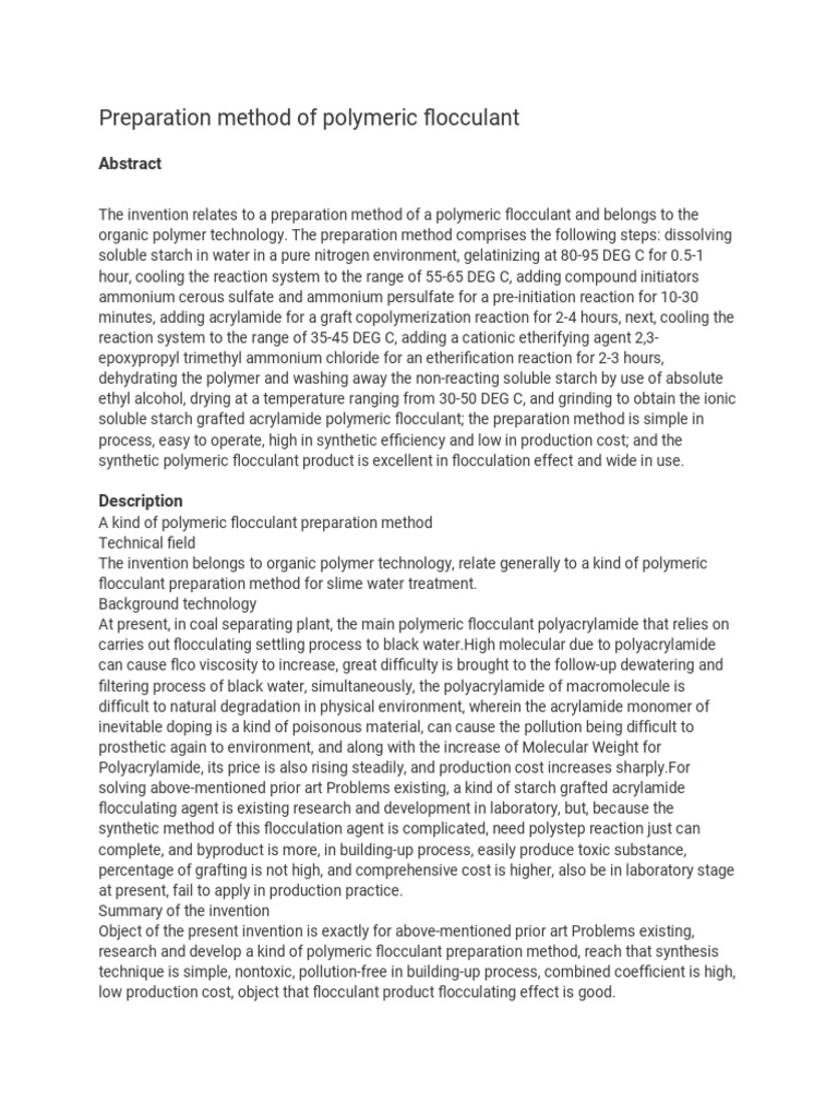 Preparation Method of Polymeric Flocculant Edited | PDF | Polymers | Starch