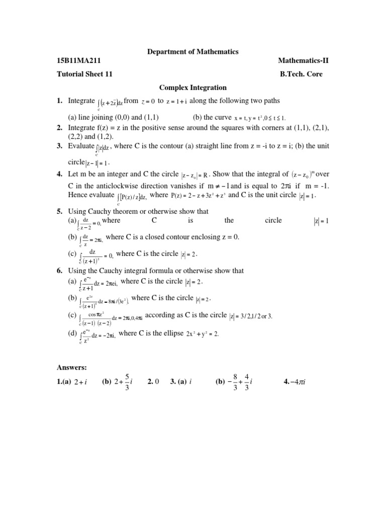 Complex Integration Tutorial Sheet 11 | PDF