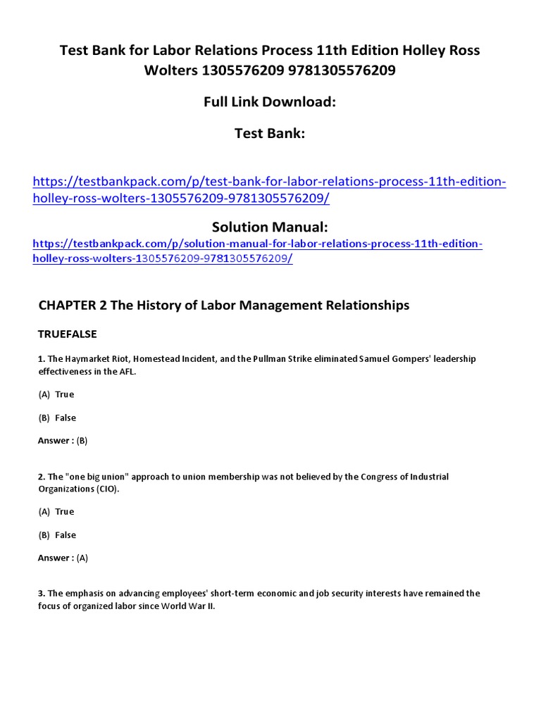 Labor Relations Process 11th Edition Holley Ross Wolters Test Bank | PDF