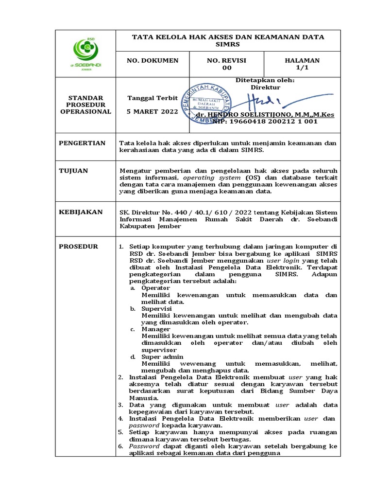 EP.2.1.B SPO Tata Kelola Hak Akses Dan Keamanan Data SIMRS | PDF