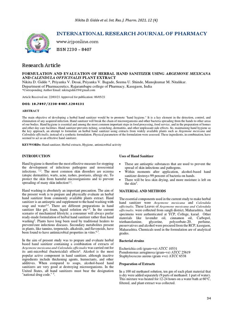 Formulation and Evaluation of Herbal Hand Sanitizer Using Argemone ... Formulation and Evaluation of Herbal Hand Sanitizer Using Argemone ...