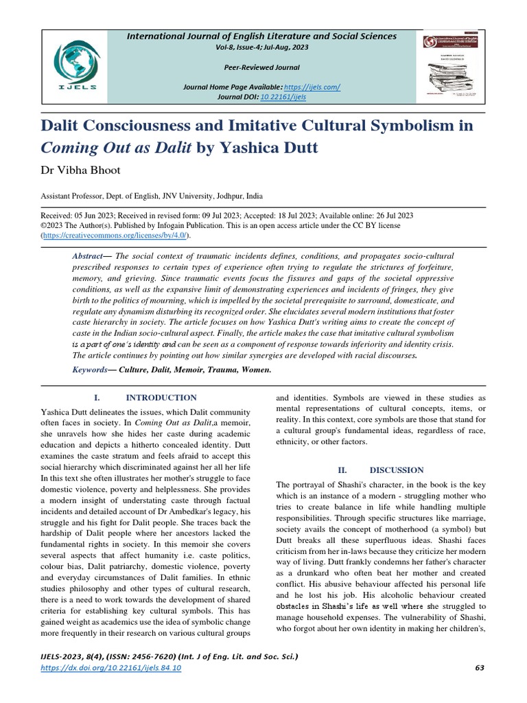Dalit Consciousness and Imitative Cultural Symbolism in Coming Out As Dalit by Yashica Dutt ...