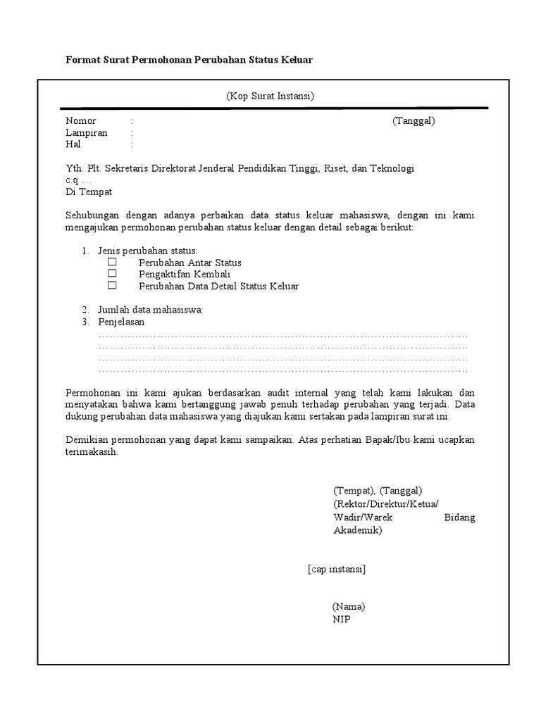 Format Surat Permohonan Perubahan Jenis Keluar | PDF