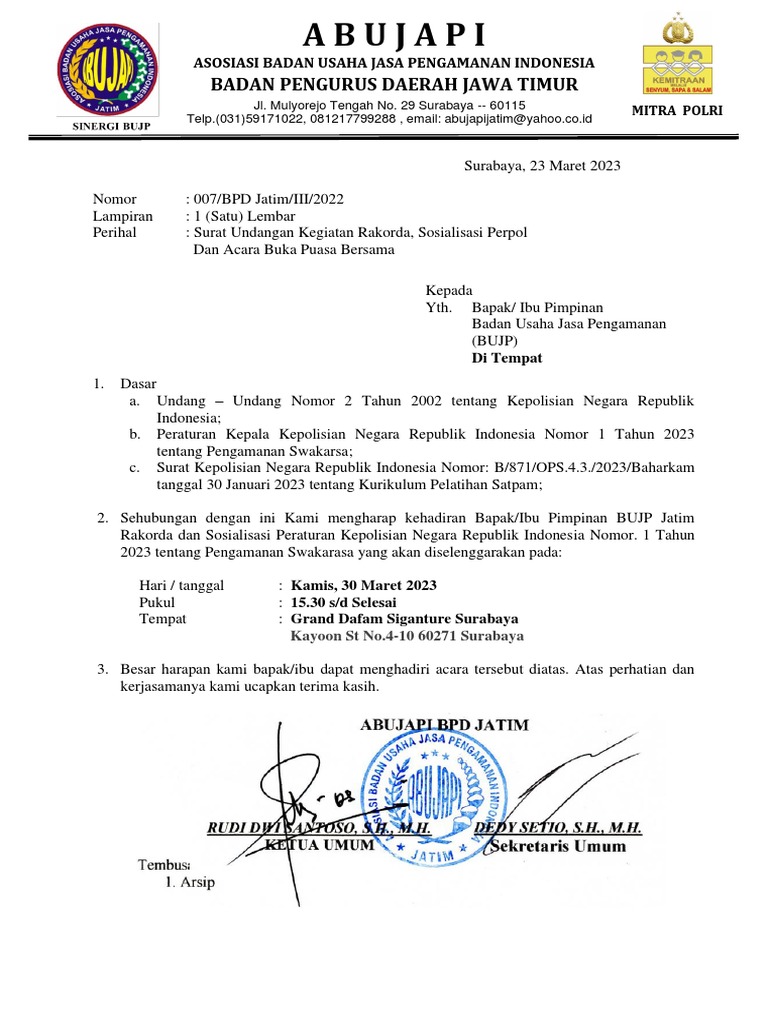 Contoh - SURAT RAKORDA BUJP - TAHUN 2023 | PDF