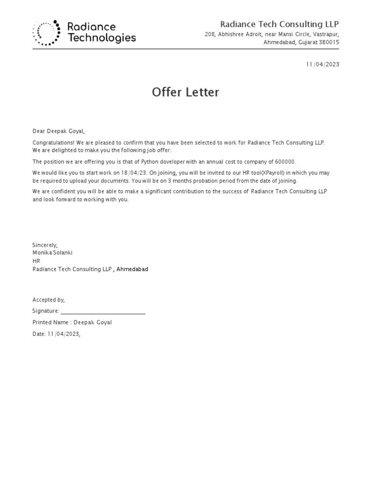 Akash Agrawal - Offer Letter | PDF