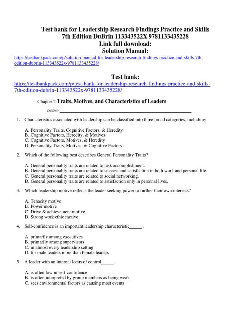 Leadership Research Findings Practice and Skills 7th Edition DuBrin ...