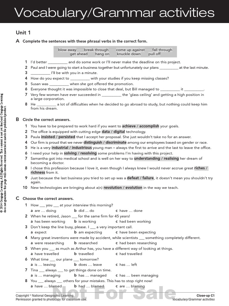 Close-Up - C1 - Extra Vocabulary and Grammar Tasks and Answer Key | PDF