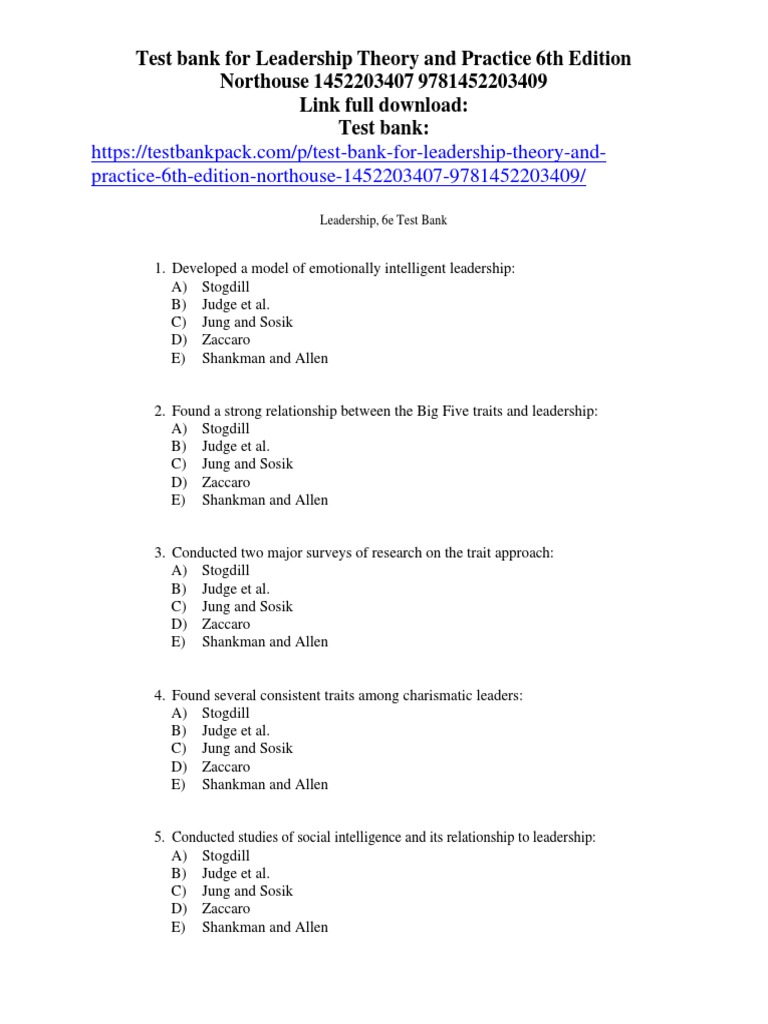Leadership Theory and Practice 6th Edition Northouse Test Bank | PDF ...