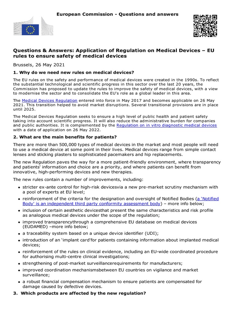 Questions Answers Application of Regulation On Medical Devices EU Rules ...