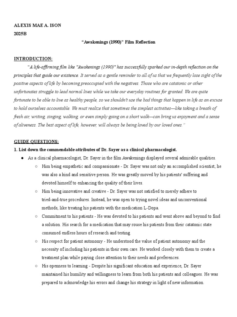 Movie Reflection "Awakenings (1980) " - ISON - AlexisMae2025B.docx-2 | PDF | Adverse Effect ...