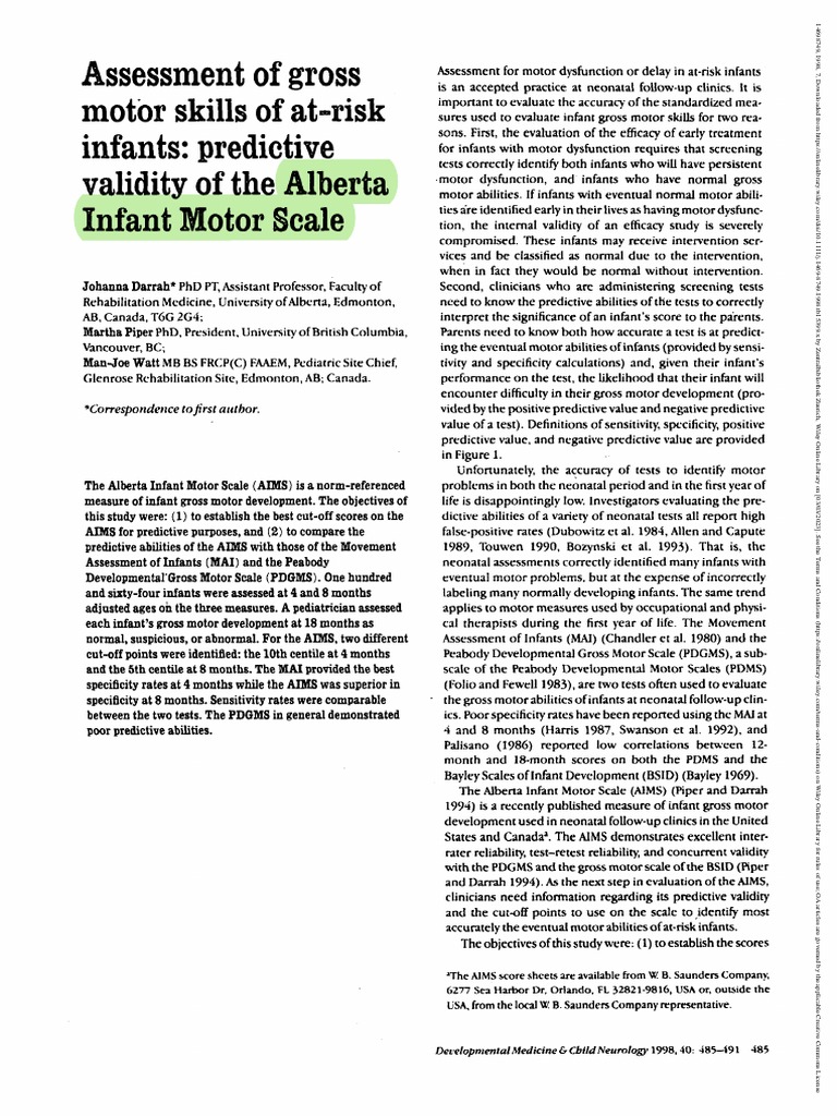 Alberta Infant Motor Scale2 | PDF | Cerebral Palsy | Sensitivity And ...