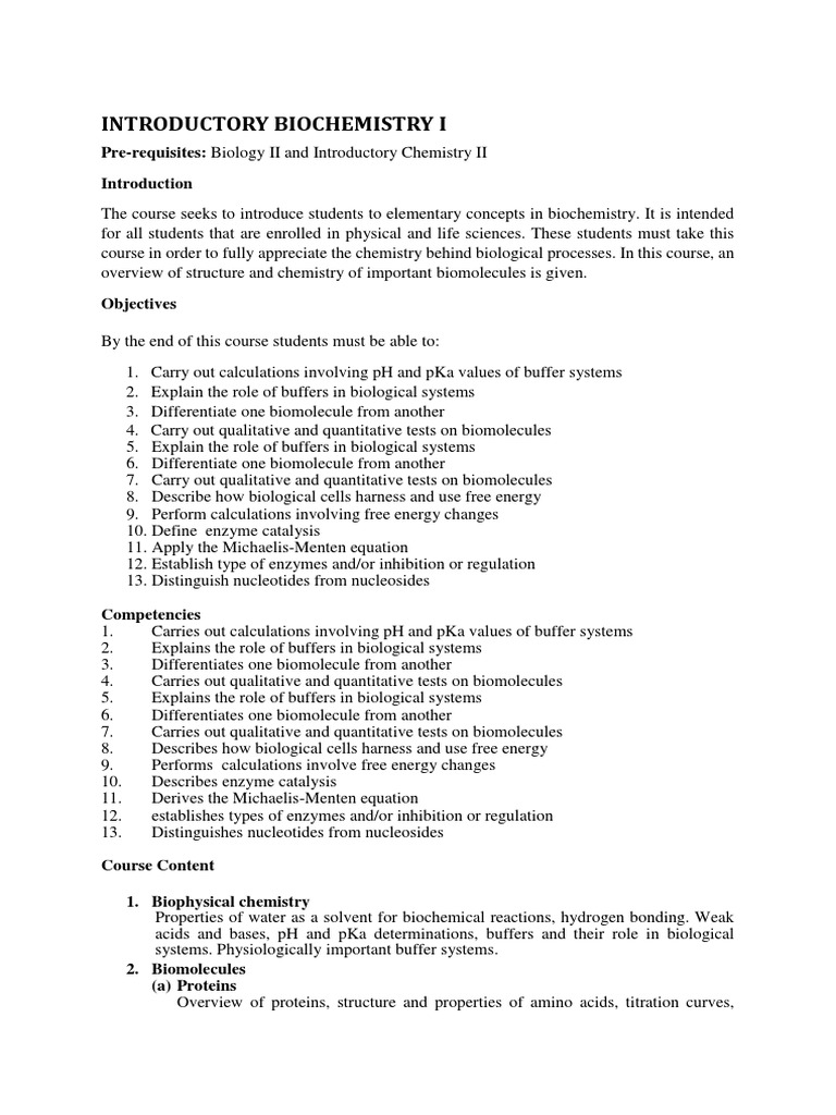NSC 2410 INTRODUCTORY BIOCHEMISTRY I Syllabus-1 | PDF | Enzyme | Proteins