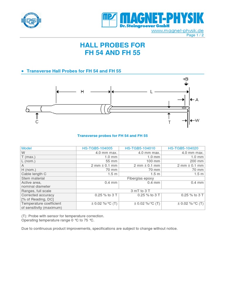 Hall Probes for FH 54 and FH 55 Models | PDF | Measuring Instrument ...