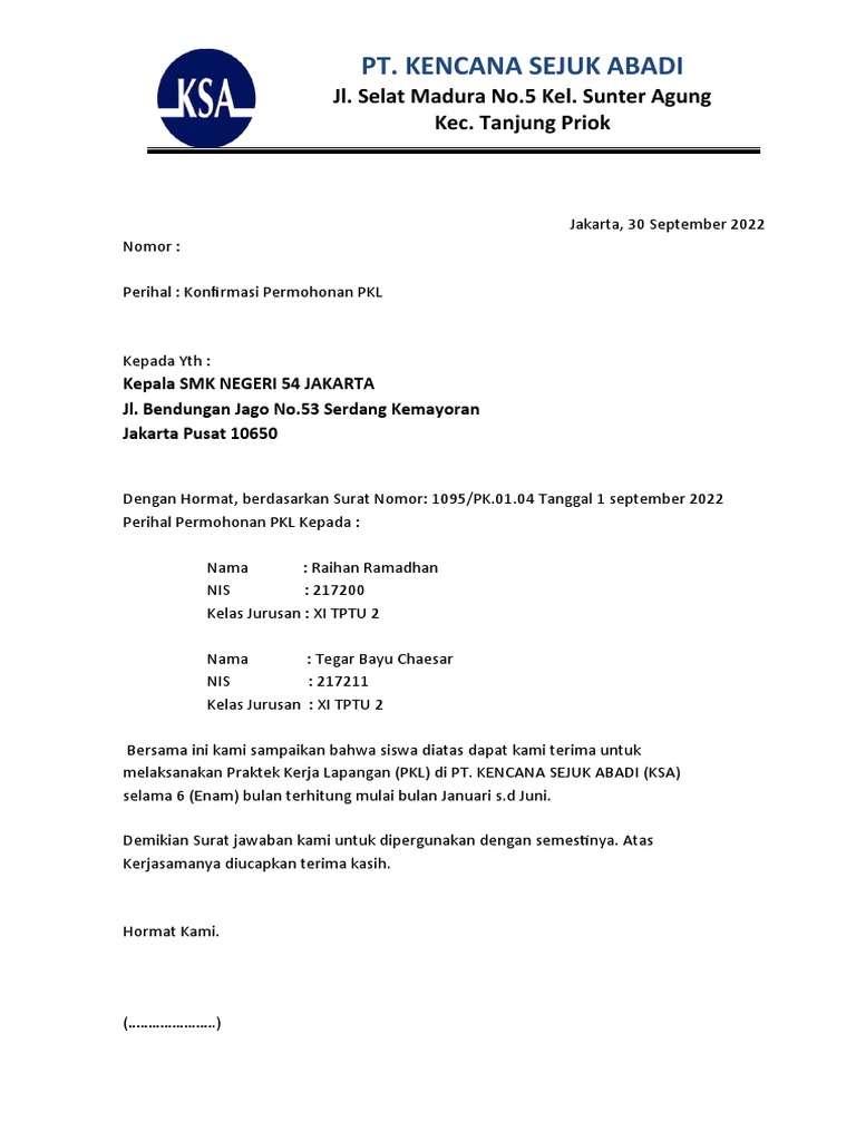 Surat Balasan PKL | PDF