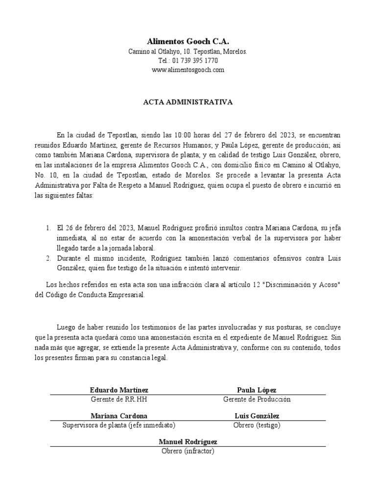 Ejemplo de Acta Administrativa Por Falta de Respeto | PDF