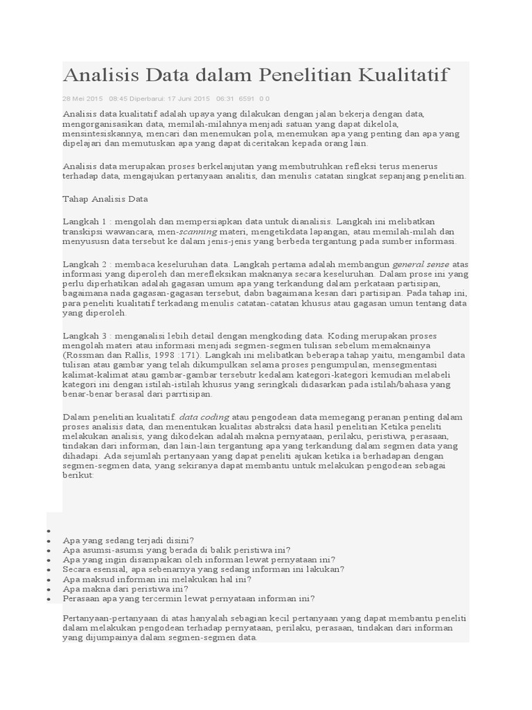 Analisis Data Dalam Penelitian Kualitatif | PDF | Sains & Matematika | Komputer