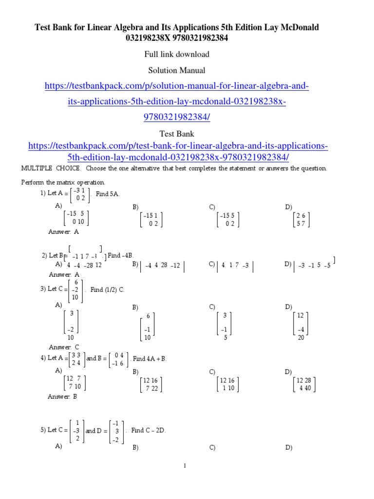 Linear Algebra and Its Applications 5th Edition Lay McDonald 032198238X ...