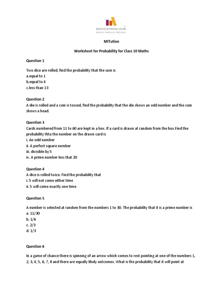 Class 10 Probability WS | PDF