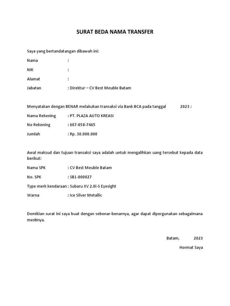 Surat Beda Nama Transfer | PDF