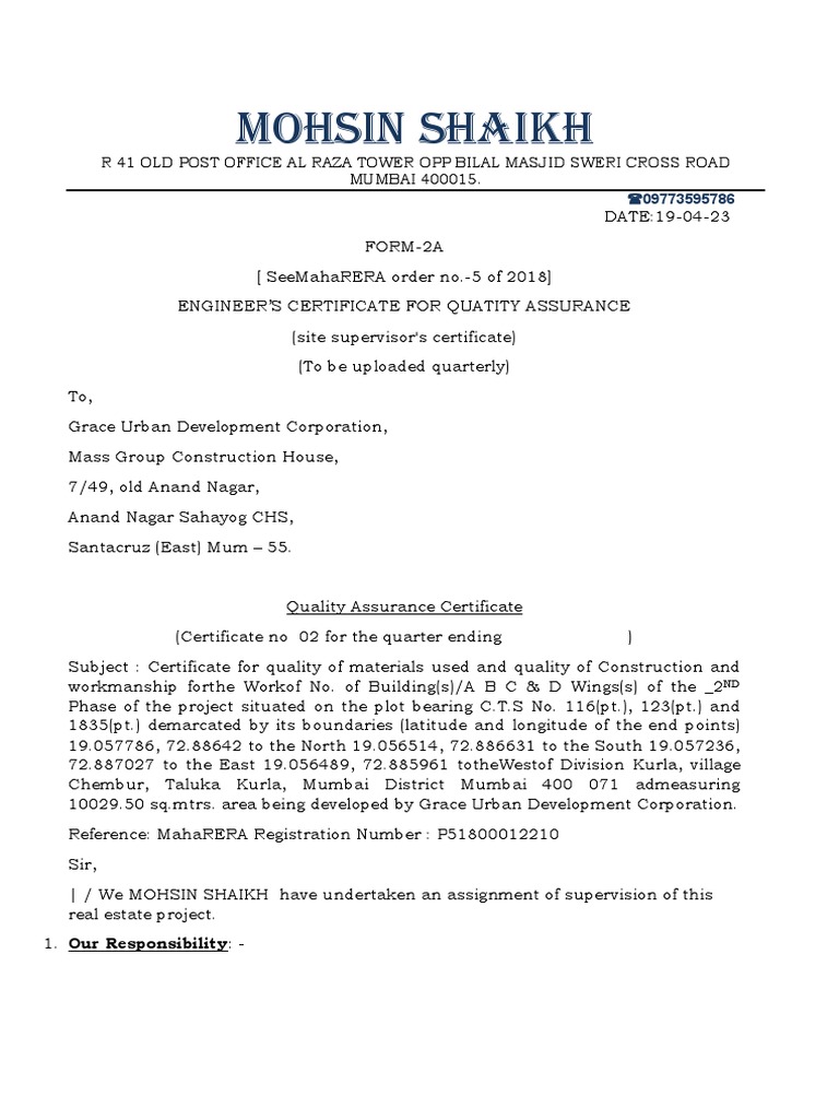 Quality Assurance Certificate Gudc Kurla | PDF | Concrete | Building ...