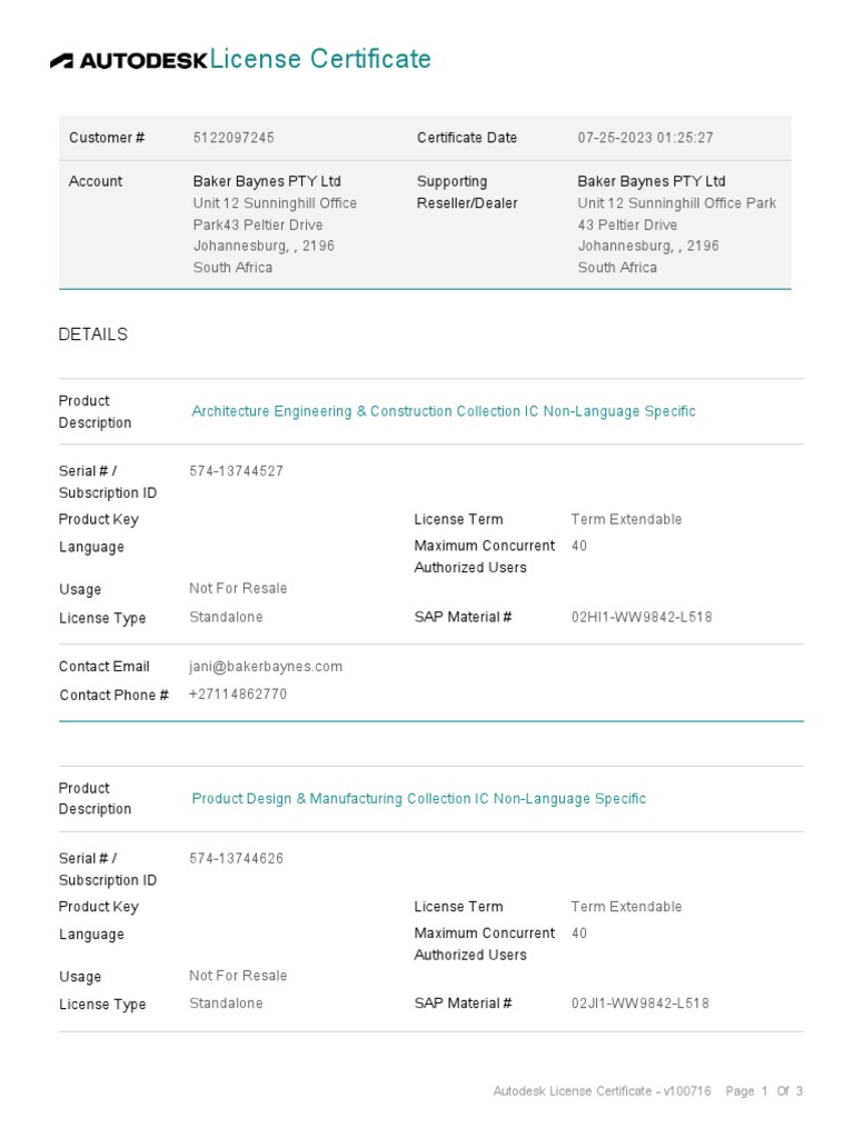 Baker Baynes - NFR - ECC - LicenseCertificate | PDF | Autodesk | License