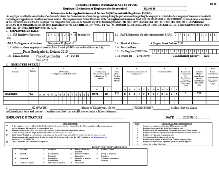 Form UI-19 - Thobani Masondo | PDF | Payroll Tax | Salary