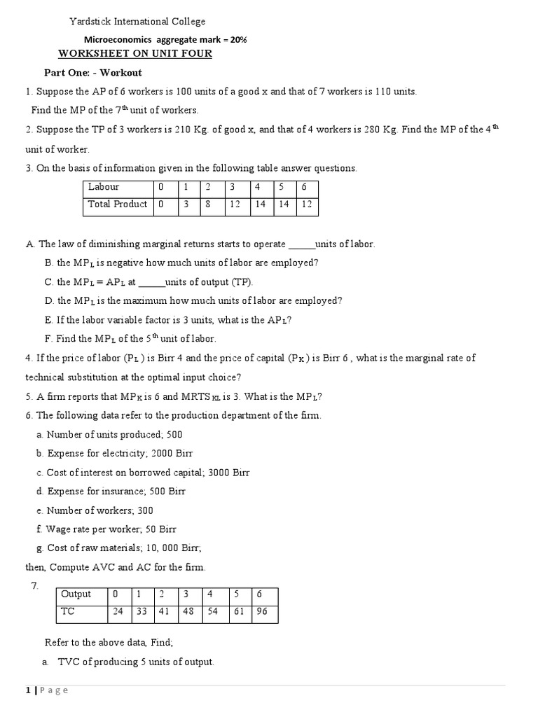 Microeconomics Worksheet 2 | PDF | Labour Economics | Marginal Cost