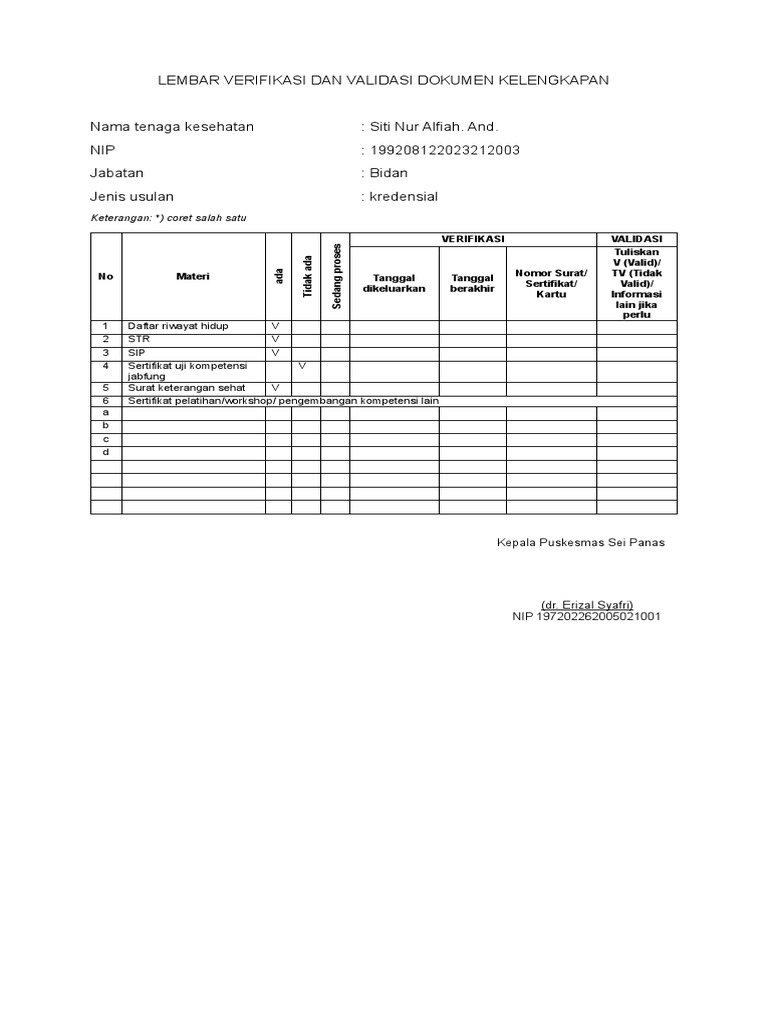 Lembar Verifikasi Dan Validasi Dokumen Kelengkapan | PDF