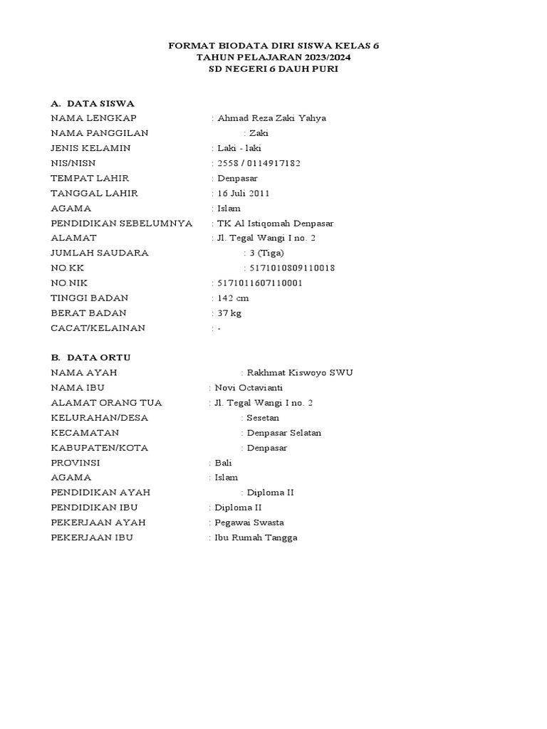 Format Biodata Diri Siswa Kelas 6 | PDF
