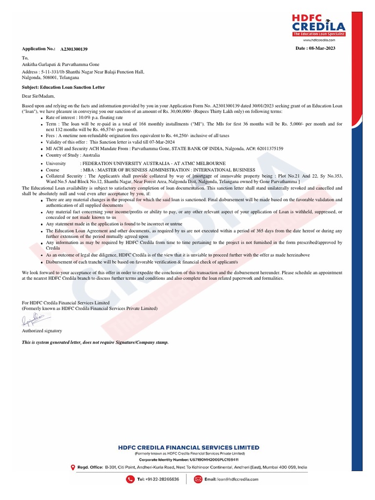 Sanction Letter A2301300139 1 | PDF | Loans | Money