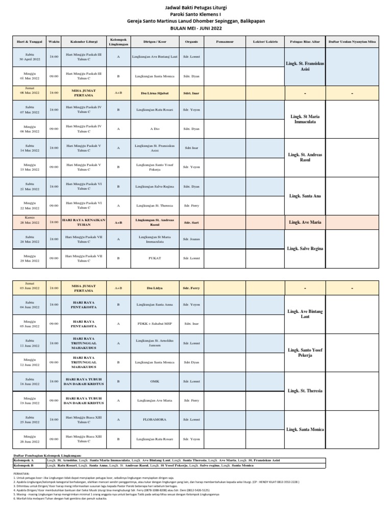 Draft Jadwal Petugas Liturgi Bulan MEI-JUNI 2022 | PDF