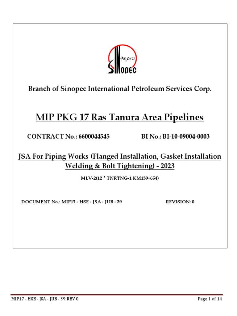 MIP17-HSE-JSA-JUB-39 JSA For Piping Works (Flanged Installation ...