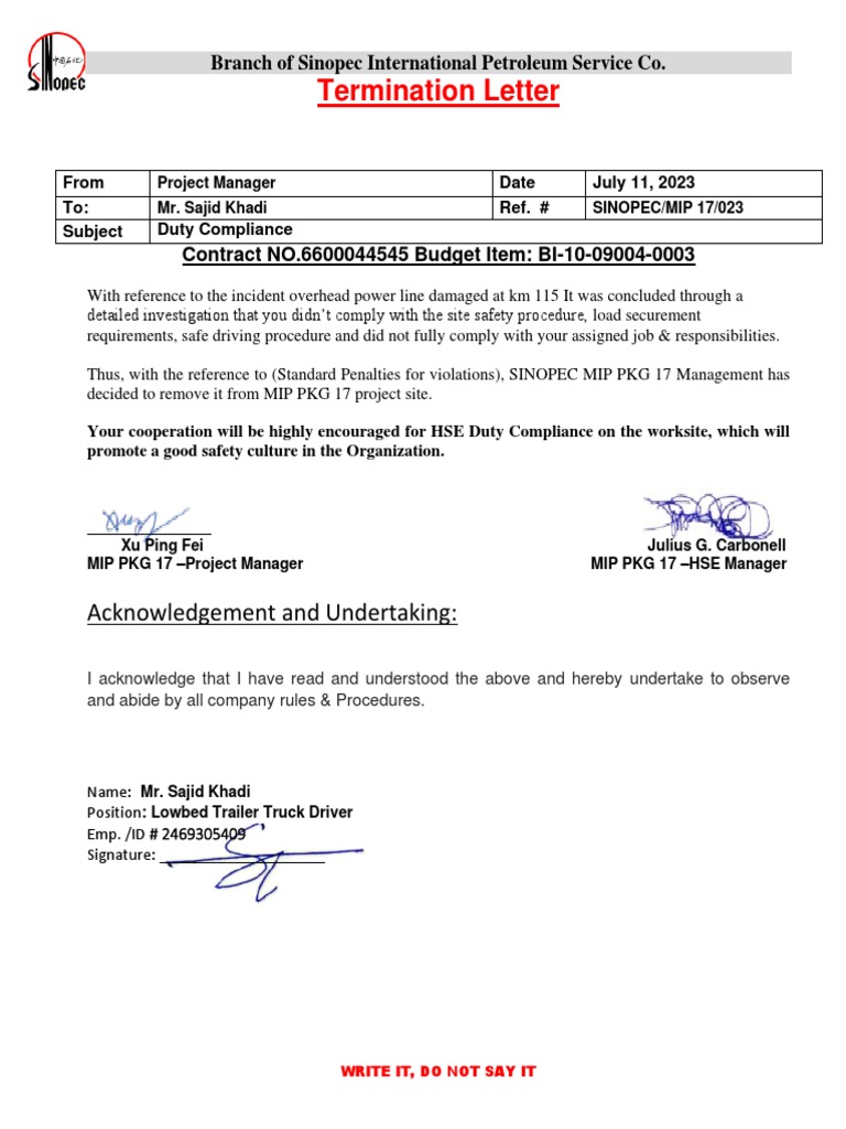 Attachment - 6 Termination Letter of Driver and Operator | PDF | Road ...
