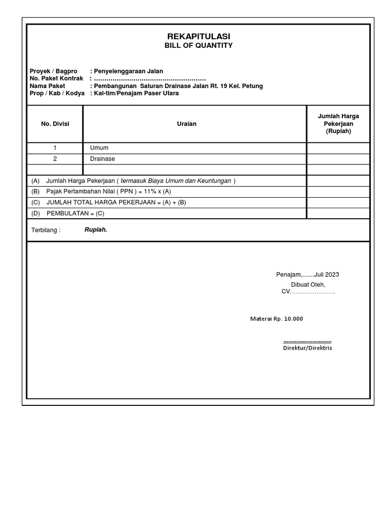 BOQ Saluran Drainase Jalan Rt. 19 Kelurahan Petung | PDF