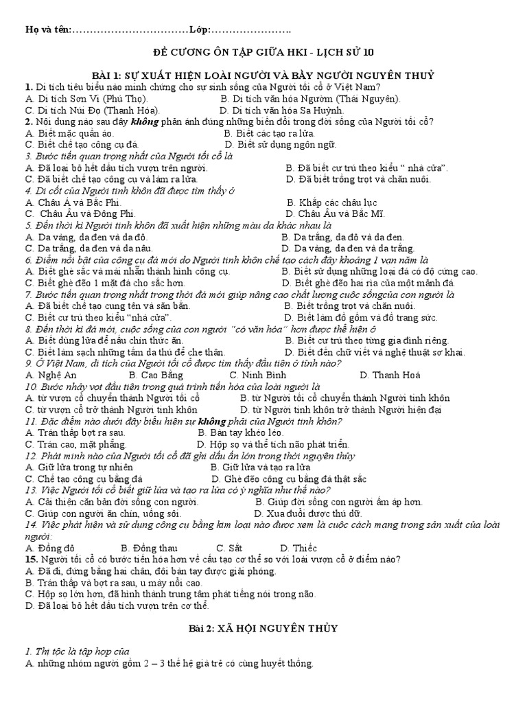 Đề cương HK1 LS10 Chuyên HS | PDF