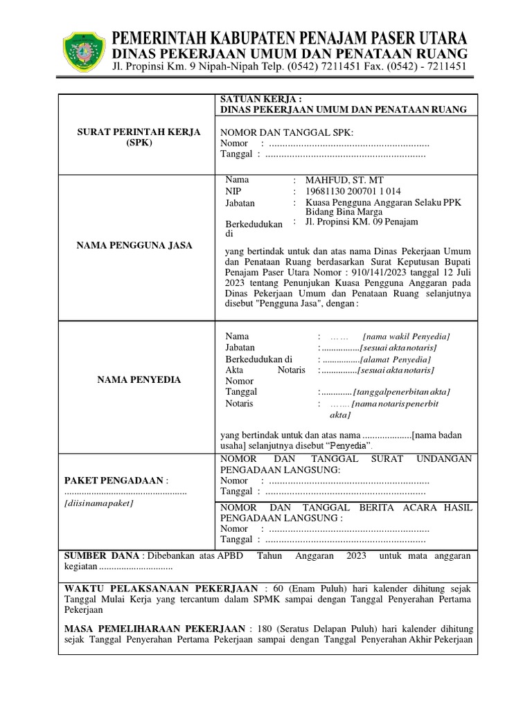 Draft Rancangan Kontrak SPK PL | PDF