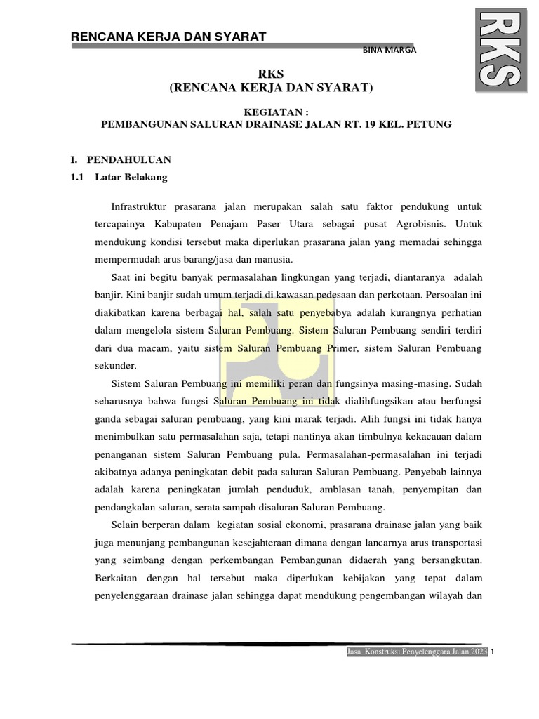 RKS Spesifikasi Pembangunan Saluran Drainase Jalan Rt. 19 Kel. Petung | PDF