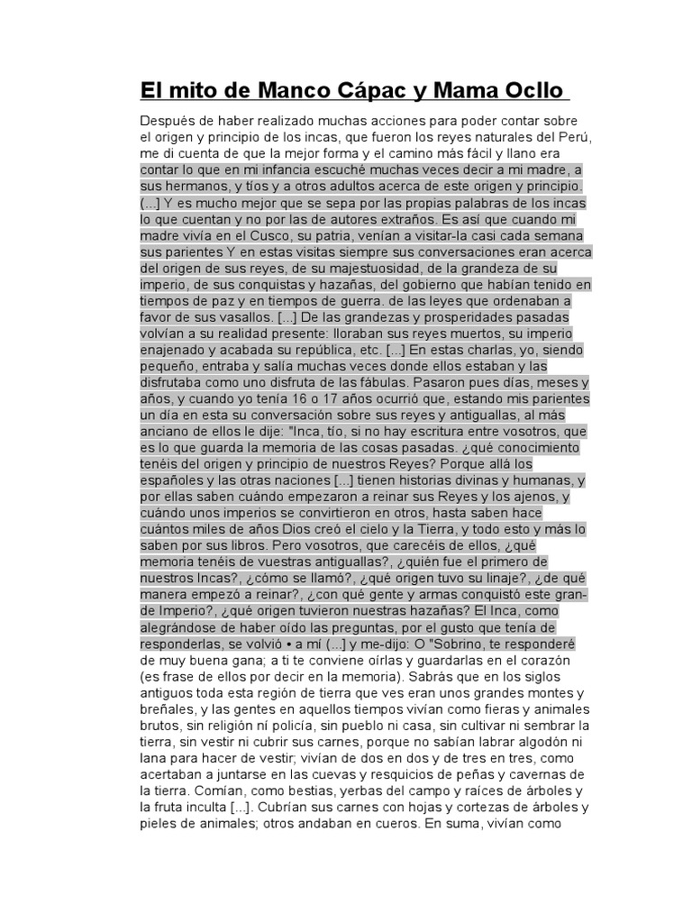 Mito de Manco Cápac y Mama Ocllo | PDF | Imperio Inca